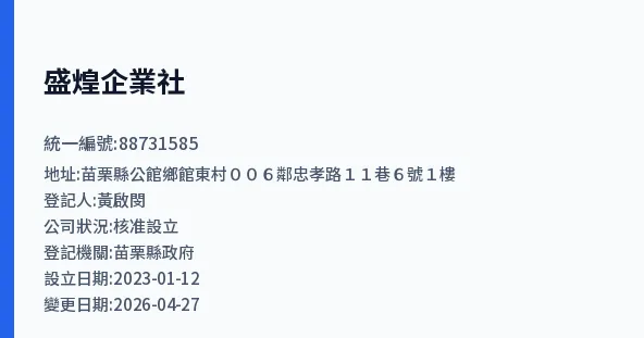 盛煌企業社的照片-統編 88731585(苗栗縣) 公司登記資料與營業項目詳細圖表