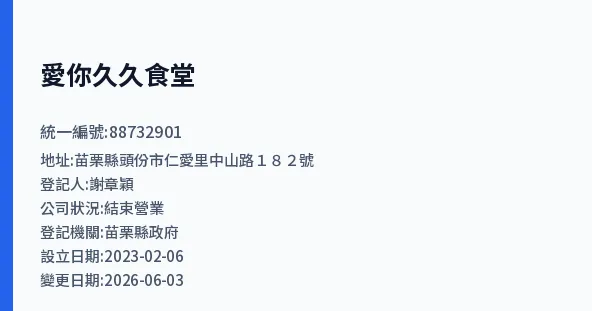 愛你久久食堂的照片-統編 88732901(苗栗縣) 公司登記資料與營業項目詳細圖表