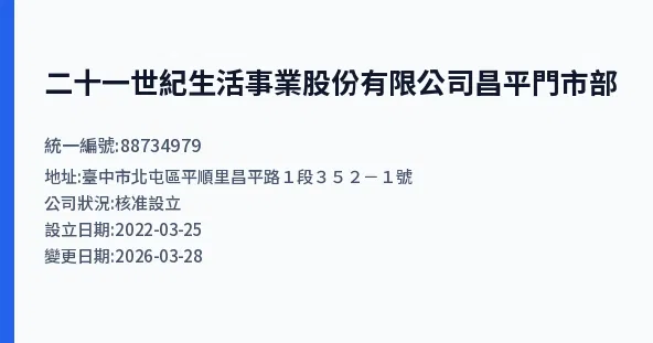 二十一世紀生活事業股份有限公司昌平門市部的照片-統編 88734979(臺中市) 公司登記資料與營業項目詳細圖表
