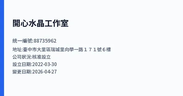 開心水晶工作室的照片-統編 88735962(臺中市) 公司登記資料與營業項目詳細圖表
