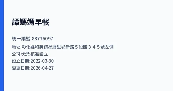 譚媽媽早餐的照片-統編 88736097(彰化縣) 公司登記資料與營業項目詳細圖表