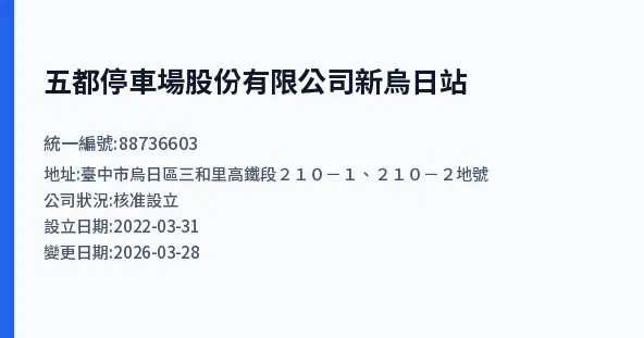 五都停車場股份有限公司新烏日站的照片-統編 88736603(臺中市) 公司登記資料與營業項目詳細圖表
