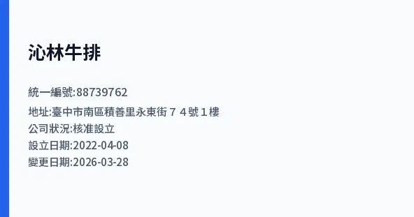 沁林牛排的照片-統編 88739762(臺中市) 公司登記資料與營業項目詳細圖表