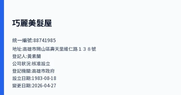 巧麗美髮屋的照片-統編 88741985(高雄市) 公司登記資料與營業項目詳細圖表