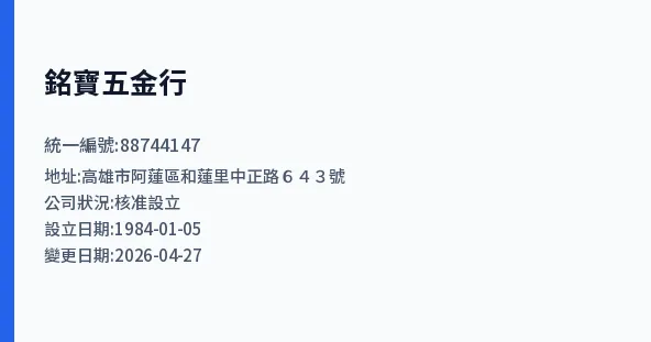 銘寶五金行的照片-統編 88744147(高雄市) 公司登記資料與營業項目詳細圖表