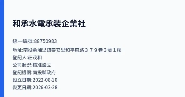 和承水電承裝企業社的照片-統編 88750983(南投縣) 公司登記資料與營業項目詳細圖表