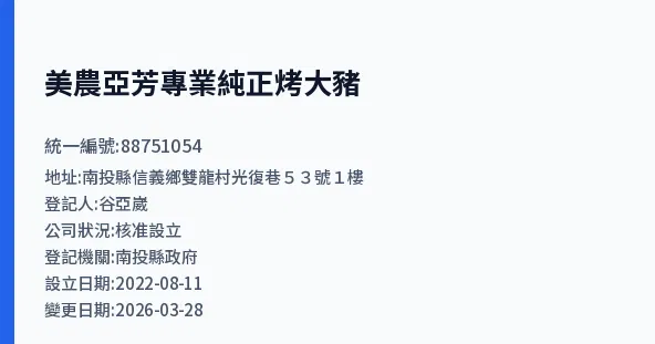 美農亞芳專業純正烤大豬的照片-統編 88751054(南投縣) 公司登記資料與營業項目詳細圖表