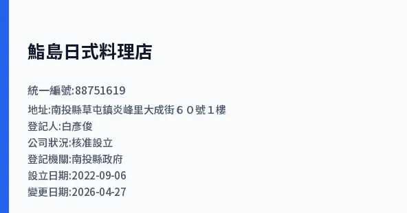 鮨島日式料理店的照片-統編 88751619(南投縣) 公司登記資料與營業項目詳細圖表