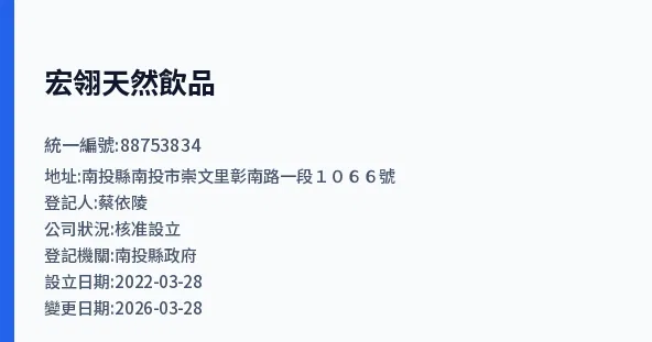 宏翎天然飲品的照片-統編 88753834(南投縣) 公司登記資料與營業項目詳細圖表
