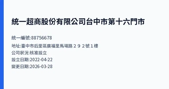 統一超商股份有限公司台中市第十六門市的照片-統編 88756678(臺中市) 公司登記資料與營業項目詳細圖表