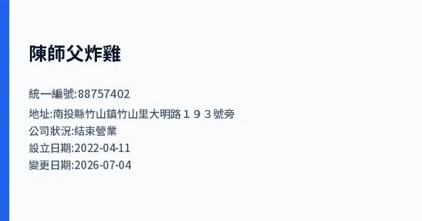 陳師父炸雞的照片-統編 88757402(南投縣) 公司登記資料與營業項目詳細圖表