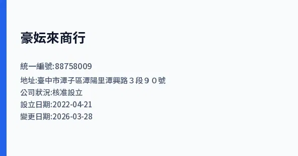 豪妘來商行的照片-統編 88758009(臺中市) 公司登記資料與營業項目詳細圖表