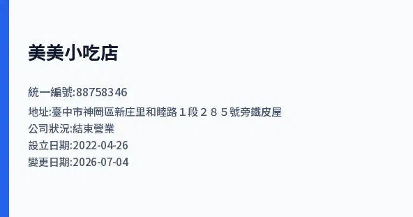 美美小吃店的照片-統編 88758346(臺中市) 公司登記資料與營業項目詳細圖表