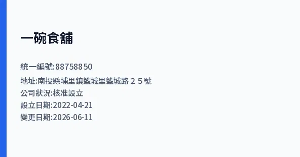 一碗食舖的照片-統編 88758850(南投縣) 公司登記資料與營業項目詳細圖表