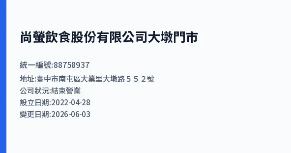 尚螢飲食股份有限公司大墩門市的照片-統編 88758937(臺中市) 公司登記資料與營業項目詳細圖表