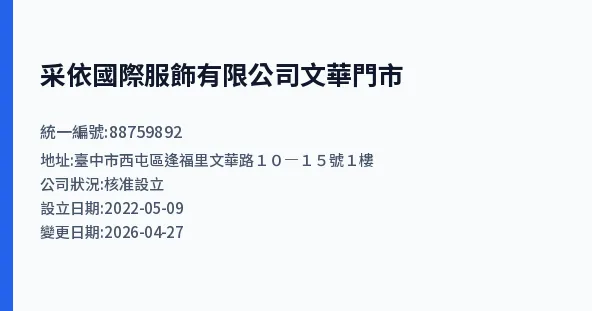 采依國際服飾有限公司文華門市的照片-統編 88759892(臺中市) 公司登記資料與營業項目詳細圖表