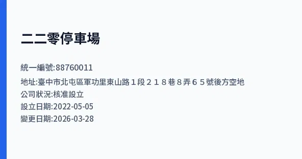 二二零停車場的照片-統編 88760011(臺中市) 公司登記資料與營業項目詳細圖表
