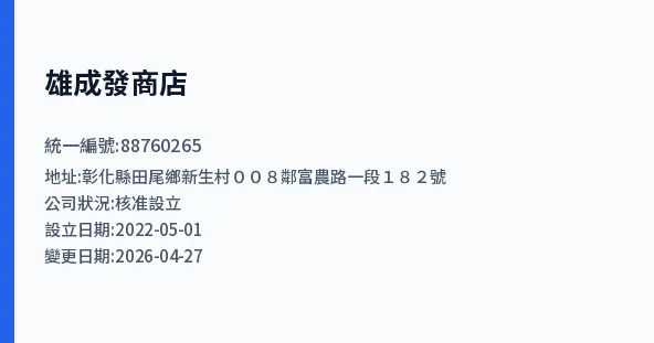 雄成發商店的照片-統編 88760265(彰化縣) 公司登記資料與營業項目詳細圖表