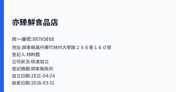 亦臻鮮食品店的照片-統編 88765888(屏東縣) 公司登記資料與營業項目詳細圖表