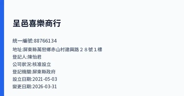 呈邑喜樂商行的照片-統編 88766134(屏東縣) 公司登記資料與營業項目詳細圖表