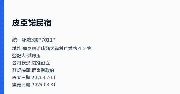 皮亞諾民宿的照片-統編 88770117(屏東縣) 公司登記資料與營業項目詳細圖表