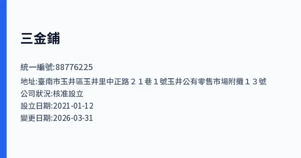 三金鋪的照片-統編 88776225(臺南市) 公司登記資料與營業項目詳細圖表