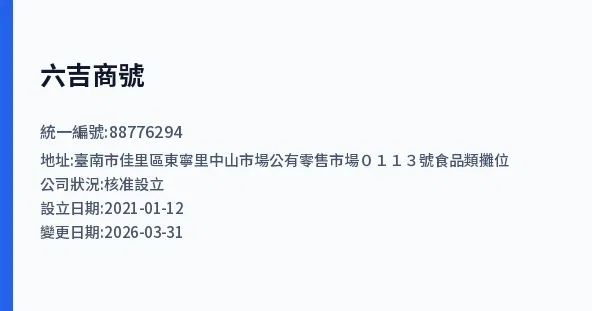 六吉商號的照片-統編 88776294(臺南市) 公司登記資料與營業項目詳細圖表