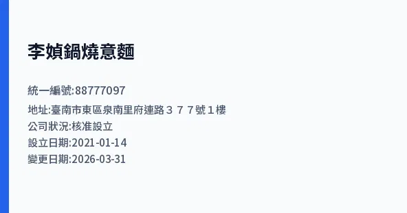 李媜鍋燒意麵的照片-統編 88777097(臺南市) 公司登記資料與營業項目詳細圖表