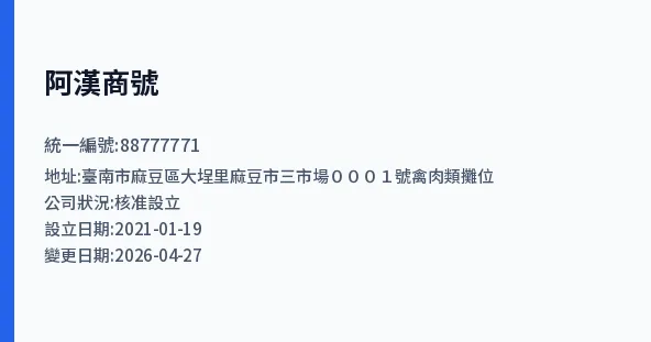 阿漢商號的照片-統編 88777771(臺南市) 公司登記資料與營業項目詳細圖表