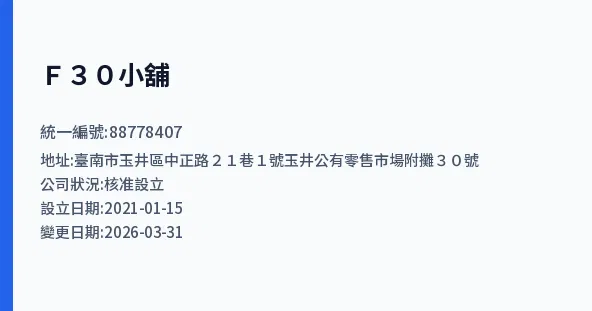 F30小舖的照片-統編 88778407(臺南市) 公司登記資料與營業項目詳細圖表