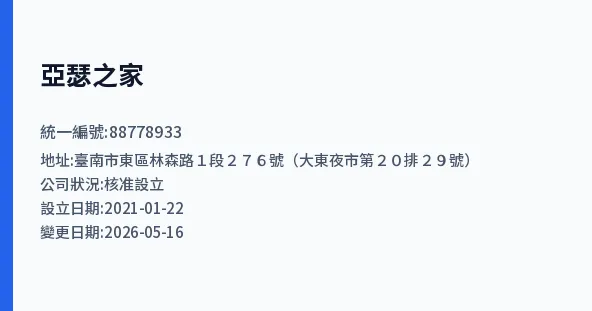 亞瑟之家的照片-統編 88778933(臺南市) 公司登記資料與營業項目詳細圖表