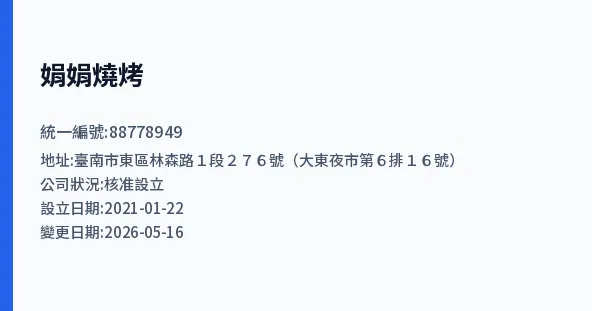 娟娟燒烤的照片-統編 88778949(臺南市) 公司登記資料與營業項目詳細圖表
