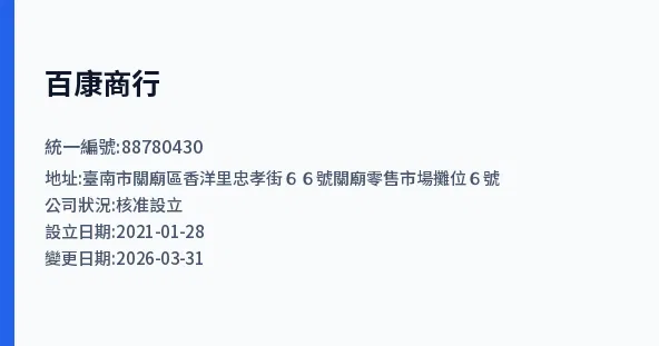百康商行的照片-統編 88780430(臺南市) 公司登記資料與營業項目詳細圖表