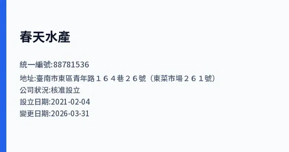 春天水產的照片-統編 88781536(臺南市) 公司登記資料與營業項目詳細圖表