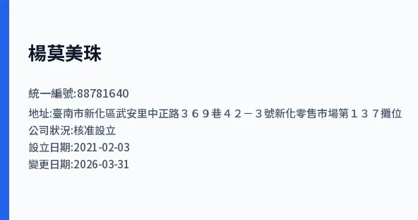 楊莫美珠的照片-統編 88781640(臺南市) 公司登記資料與營業項目詳細圖表