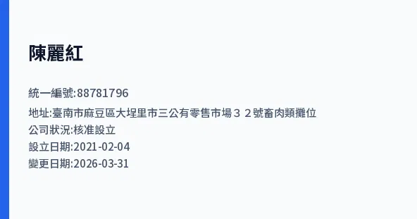陳麗紅的照片-統編 88781796(臺南市) 公司登記資料與營業項目詳細圖表