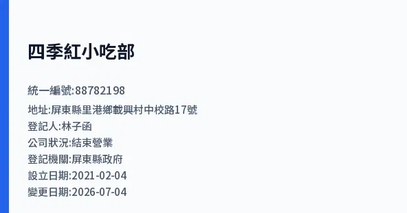 四季紅小吃部的照片-統編 88782198(屏東縣) 公司登記資料與營業項目詳細圖表