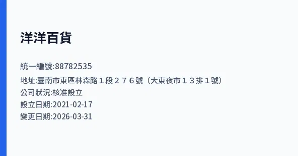 洋洋百貨的照片-統編 88782535(臺南市) 公司登記資料與營業項目詳細圖表