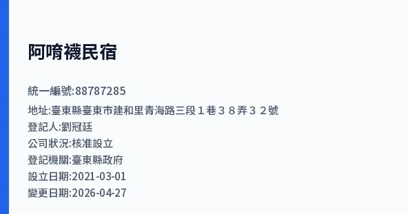 阿唷襪民宿的照片-統編 88787285(臺東縣) 公司登記資料與營業項目詳細圖表