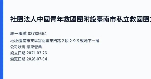 社團法人中國青年救國團附設臺南市私立救國團文理技藝短期補習班東門分班的照片-統編 88788664(臺南市) 公司登記資料與營業項目詳細圖表
