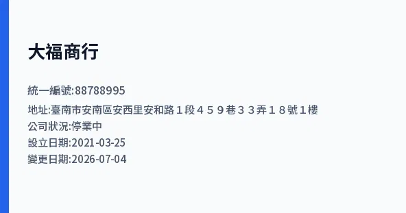 大福商行的照片-統編 88788995(臺南市) 公司登記資料與營業項目詳細圖表