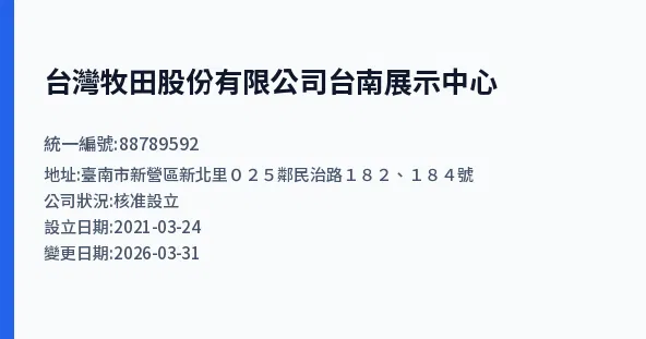 台灣牧田股份有限公司台南展示中心的照片-統編 88789592(臺南市) 公司登記資料與營業項目詳細圖表