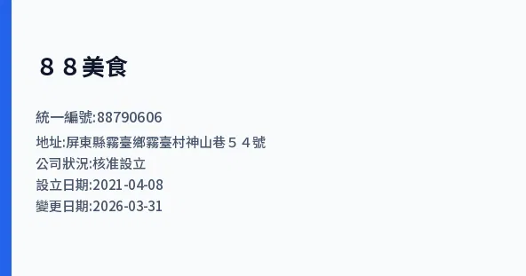 88美食的照片-統編 88790606(屏東縣) 公司登記資料與營業項目詳細圖表