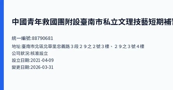 中國青年救國團附設臺南市私立文理技藝短期補習班忠義分班的照片-統編 88790681(臺南市) 公司登記資料與營業項目詳細圖表