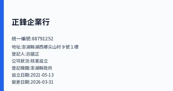 正鋒企業行的照片-統編 88791252(澎湖縣) 公司登記資料與營業項目詳細圖表