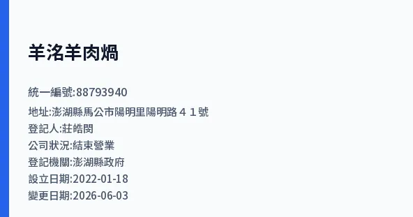 羊洺羊肉煱的照片-統編 88793940(澎湖縣) 公司登記資料與營業項目詳細圖表