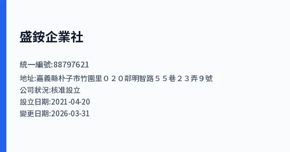 盛銨企業社的照片-統編 88797621(嘉義縣) 公司登記資料與營業項目詳細圖表