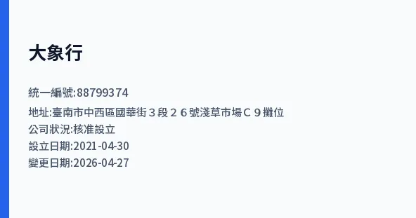 大象行的照片-統編 88799374(臺南市) 公司登記資料與營業項目詳細圖表