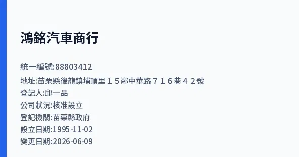 鴻銘汽車商行的照片-統編 88803412(苗栗縣) 公司登記資料與營業項目詳細圖表