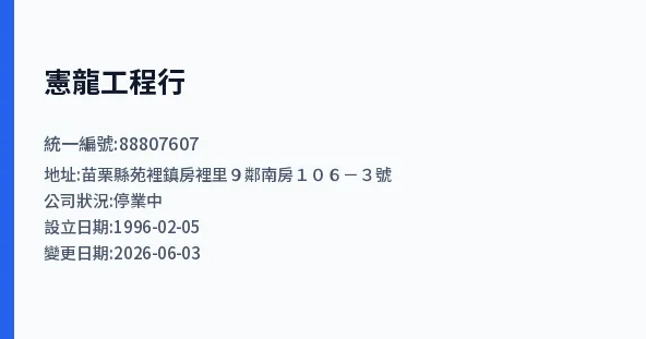 憲龍工程行的照片-統編 88807607(苗栗縣) 公司登記資料與營業項目詳細圖表